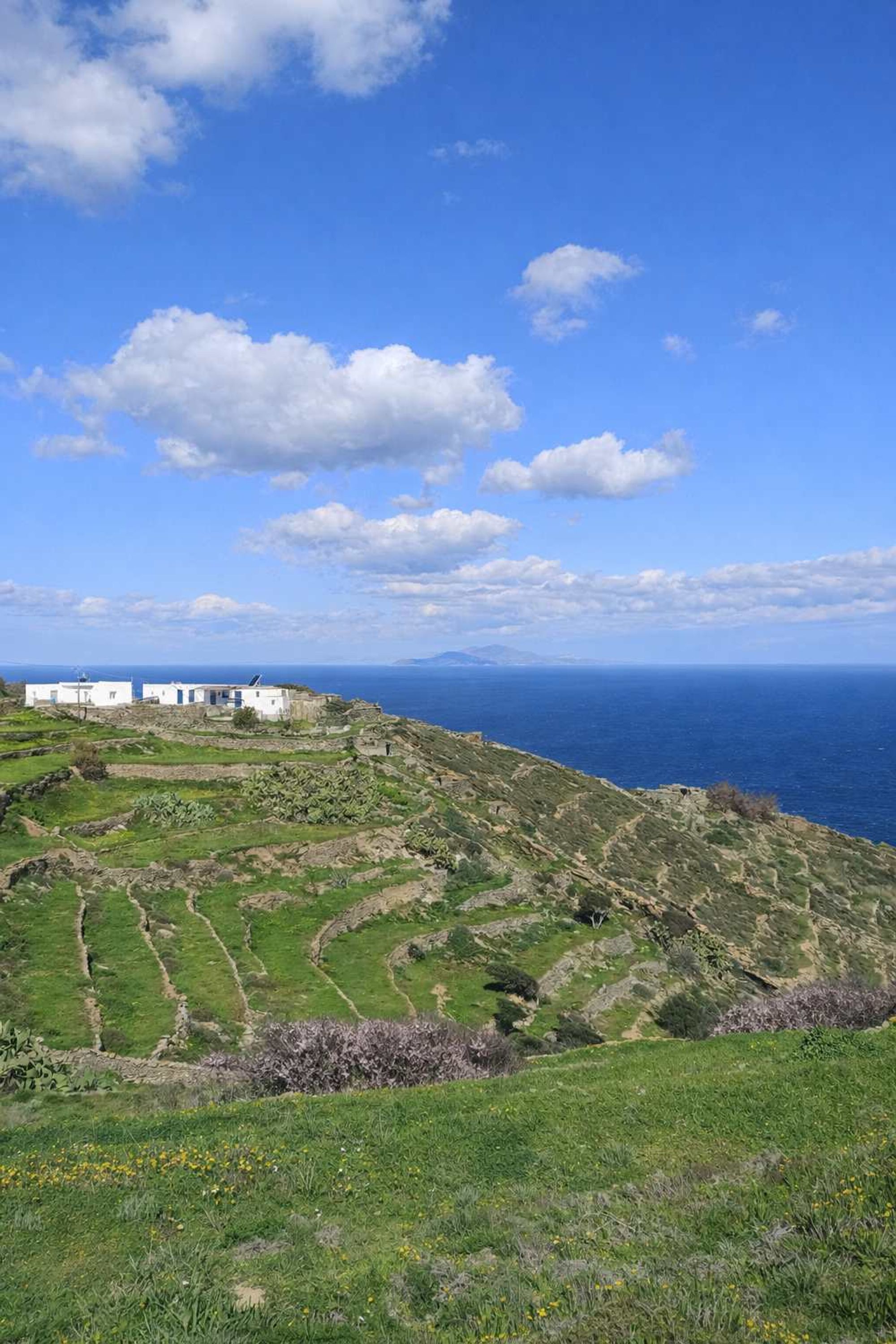 Paisagem costeira com campos em socalcos, edifícios brancos e o mar ao fundo.
