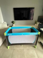 Um trampolim com a marca 'Dream n Play', uma televisão de tela plana na parede e um vaso de planta no chão.