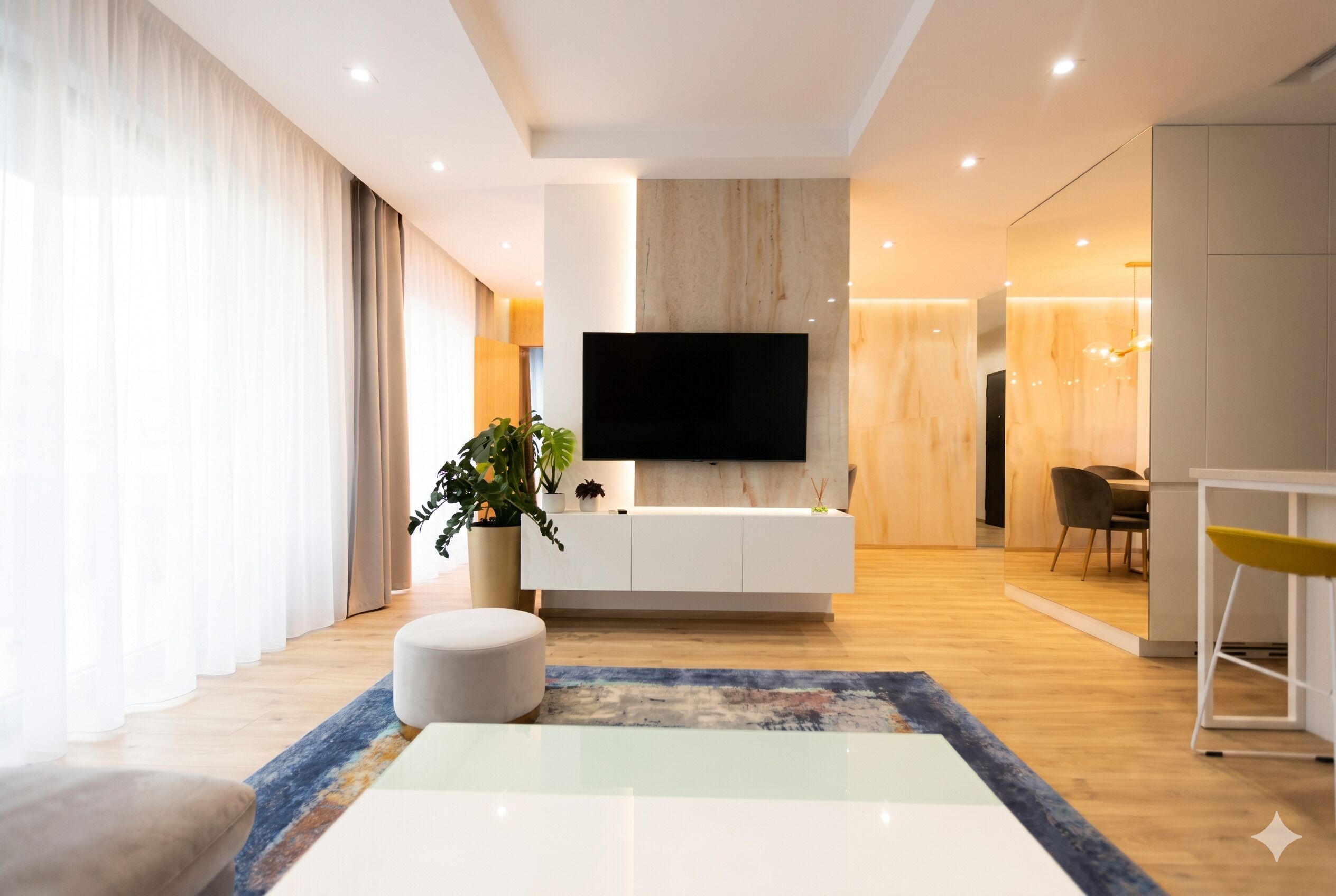 Apartamento premium, sacada, vista para o rio | Área de estar | Smart TV 55 polegadas com canais digitais