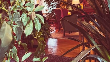 Quarto com piso de madeira, uma planta grande em vaso, uma cadeira e um abajur.