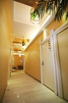 Um corredor com uma porta identificada com o número '570', um luminária no teto e uma planta.