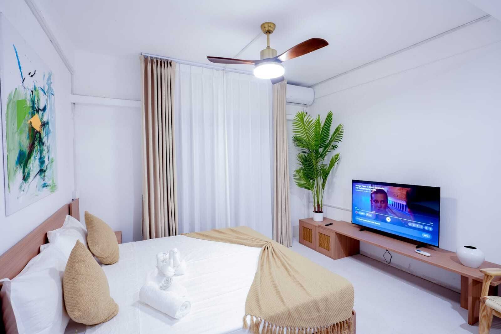 Quarto de hotel com uma cama, televisão, ventoinha no teto, planta e um quadro na parede.