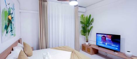Quarto de hotel com uma cama, televisão, ventoinha no teto, planta e um quadro na parede.