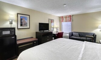 Quarto de hotel com uma cama grande, televisão, escrivaninha, cadeira, sofá e janela com cortinas.