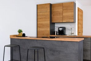 Apartamento Comfort em Condomínio Fechado, 2 quartos, varanda, vista para a montanha | Cozinha privada | Um frigorífico/congelador grande, um forno, uma placa de cozinha 