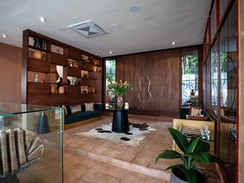 Um interior moderno com divisória de vidro, estante de madeira, sofá, mesa de centro e uma planta grande.