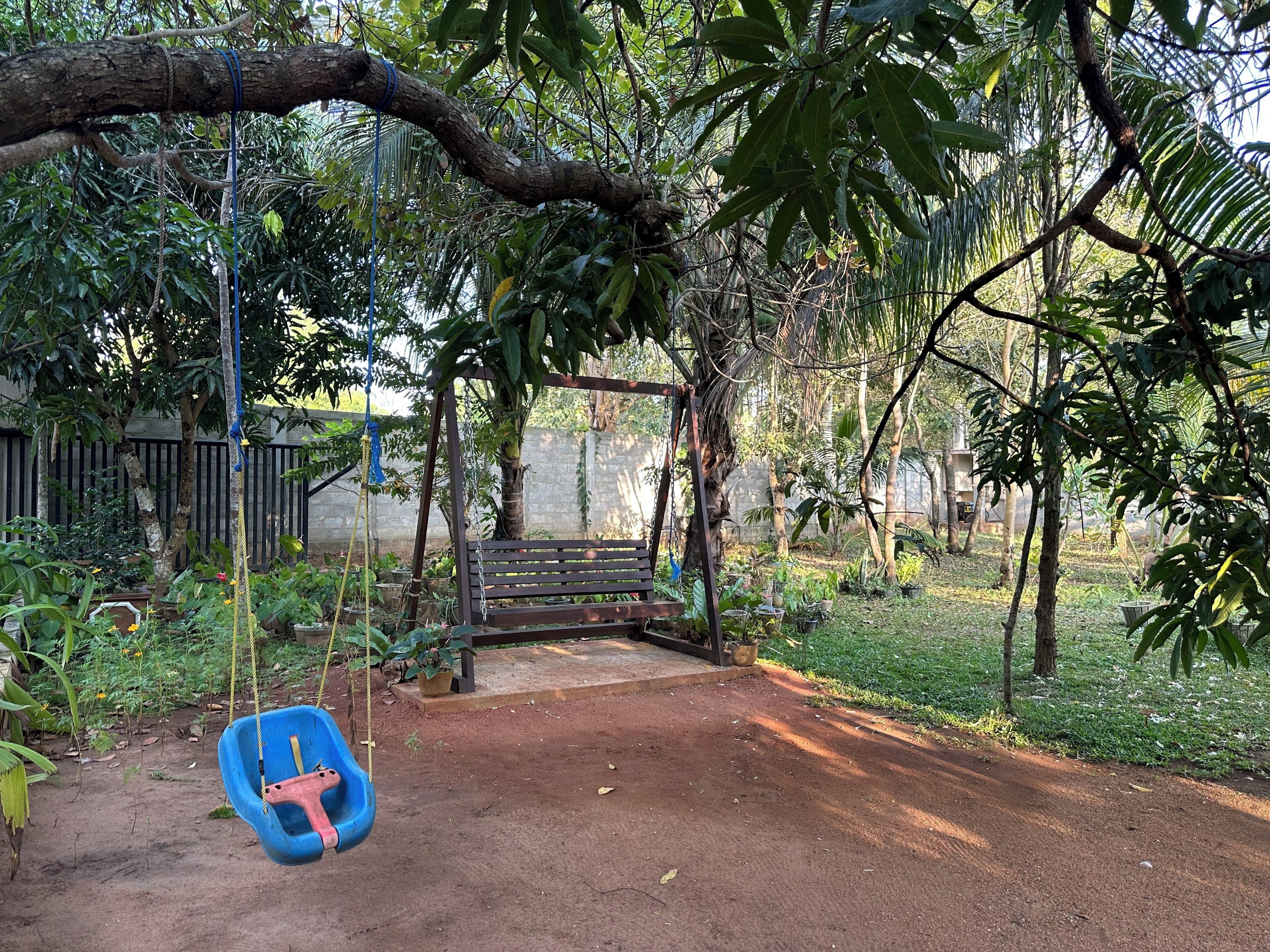 Um baloiço, um banco e um caminho de terra num jardim com árvores e plantas em vasos.