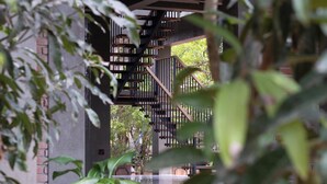 Escadaria que leva a uma área coberta, com vista para vegetação e um muro de tijolos.