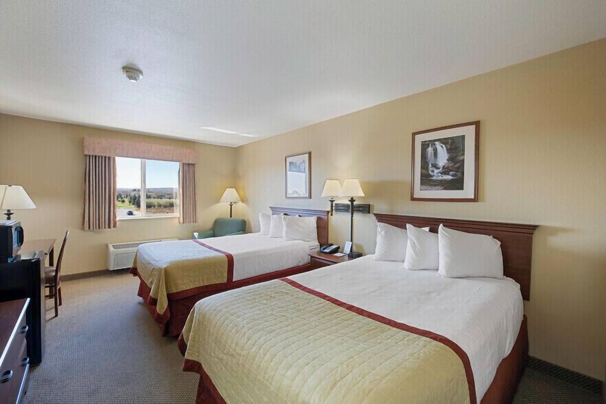 Quarto de hotel com duas camas, uma escrivaninha, uma cadeira, uma janela com cortinas, um quadro e um abajur.