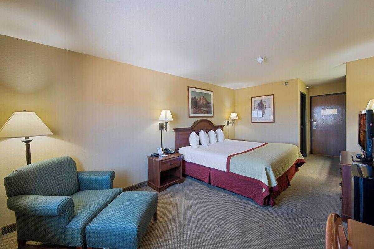 Quarto de hotel com cama, duas cadeiras, escrivaninha, luminária e televisão.