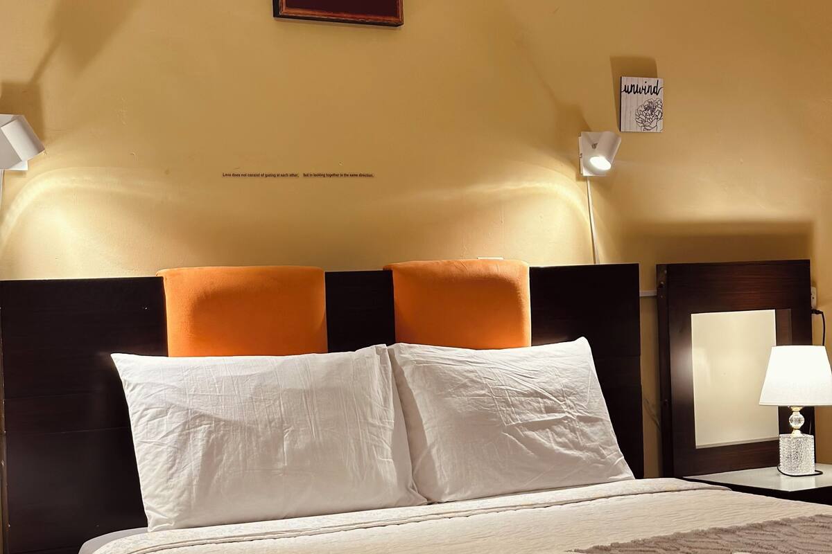 Quarto de hotel com cama, almofadas, manta, obra de arte na parede, luminária e uma placa com texto.