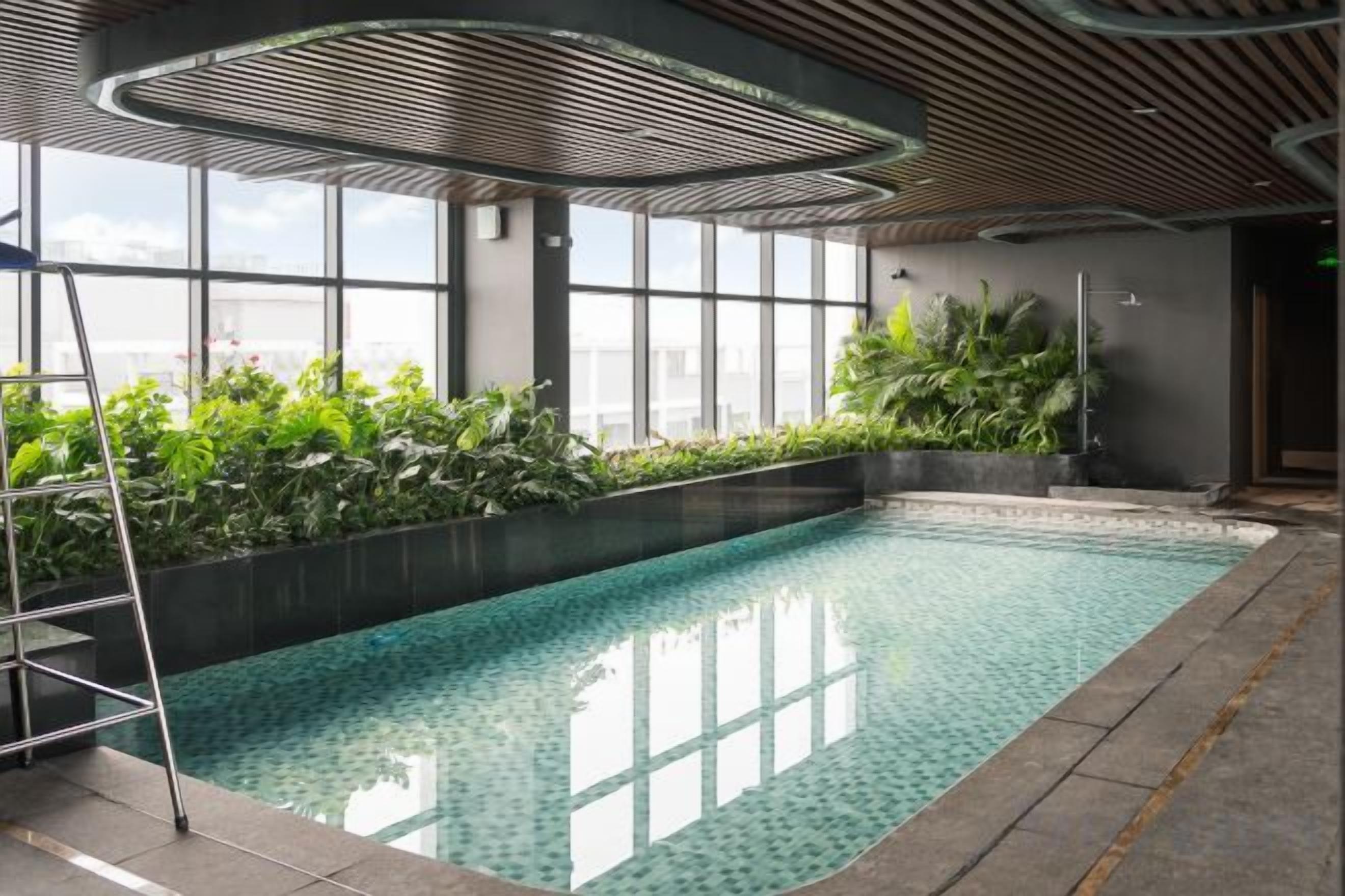 Piscina interna com vista para a cidade, cercada por plantas e com uma escada à esquerda.