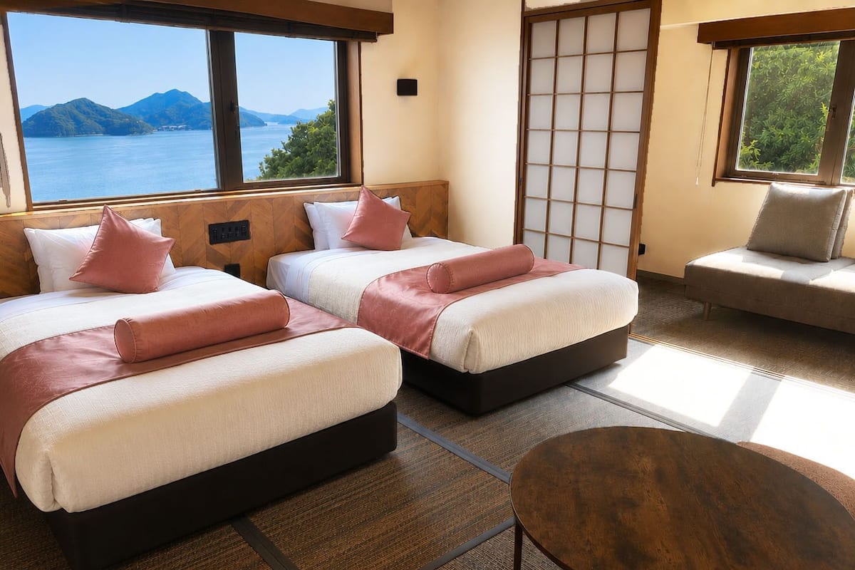 Quarto twin em estilo japonês, vista para o oceano (KazumiRei, 10Tatamiroom+Hiroen) | Vista do quarto