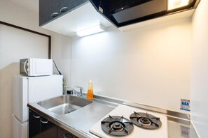 Uma cozinha compacta com pia, duas bocas de fogão a gás, micro-ondas e um armário pequeno.