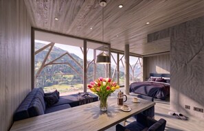 Quarto casal superluxo, sacada, vista para a montanha | Cofres nos quartos, escrivaninha, espaço de trabalho para notebook