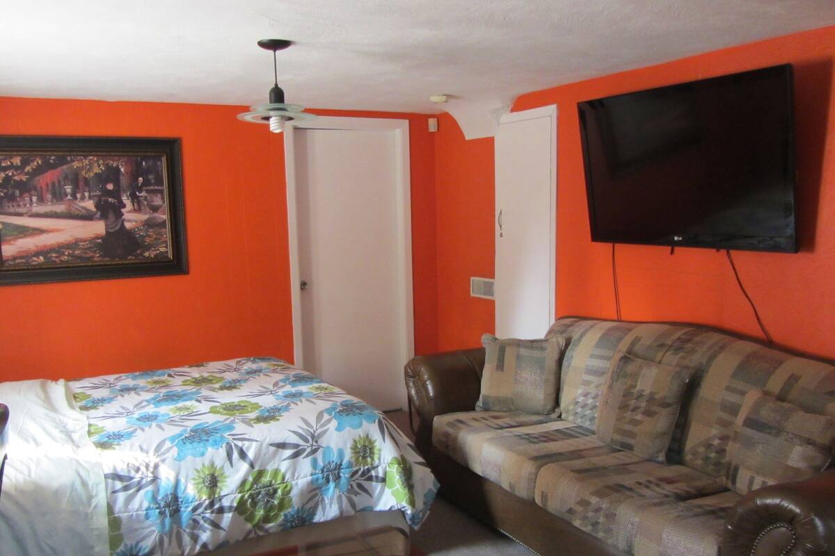 Um quarto com cama, sofá, televisão e um quadro na parede.