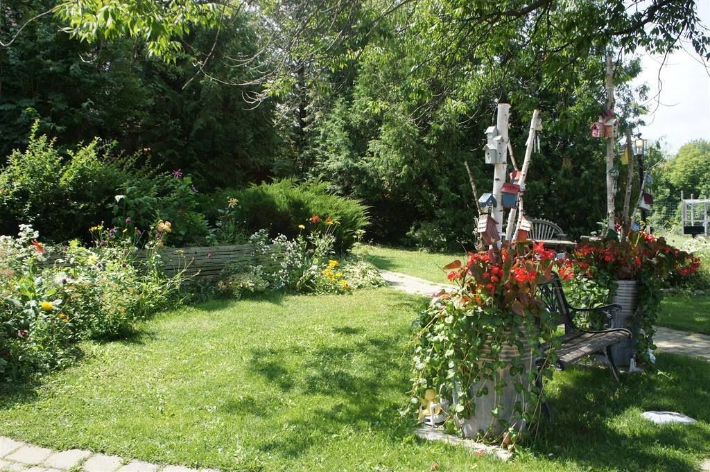 Um jardim com um banco de madeira, um caminho e diversas plantas e flores.