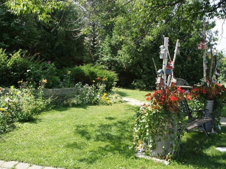 Um jardim com um banco de madeira, um caminho e diversas plantas e flores.