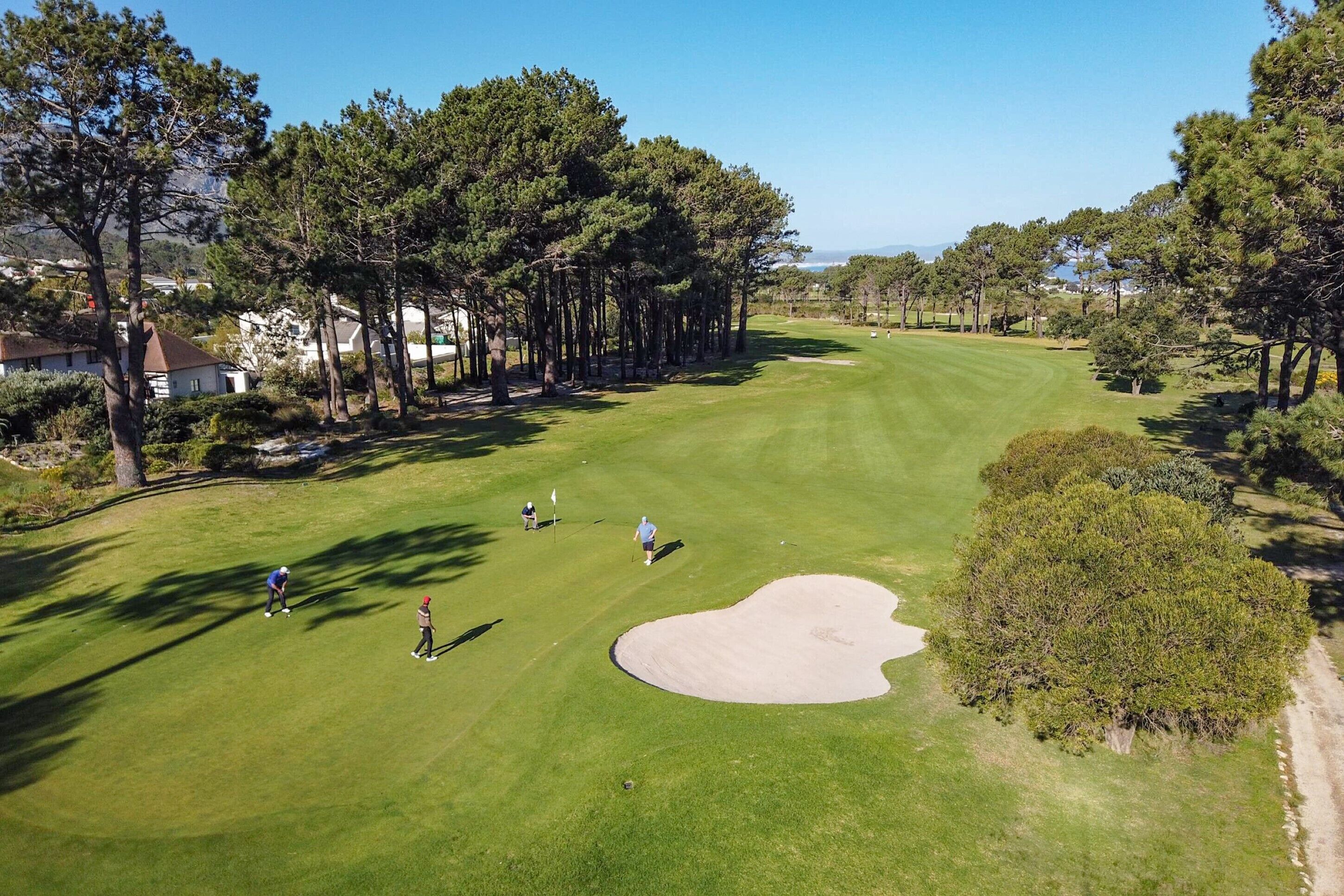 Um campo de golfe com uma armadilha de areia, árvores e um céu limpo.