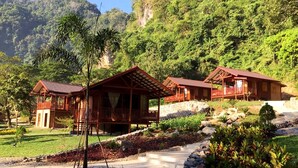 Um resort com cabanas de madeira, um caminho pavimentado e vegetação exuberante.