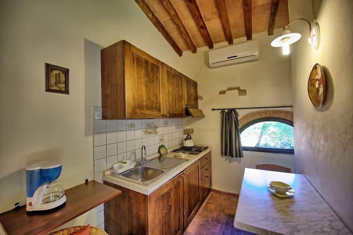 Cozinha compacta com armários de madeira, painel de azulejos, pia, fogão e janela com vista para o verde.