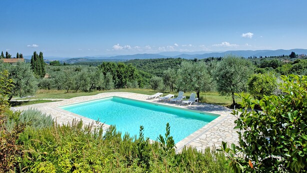 Piscina retangular com deck de pedra, rodeada por vegetação exuberante e árvores.
