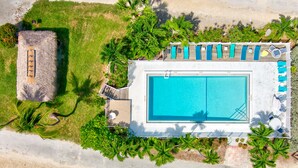 Vista aérea de um resort com piscina, área de estar e palmeiras.