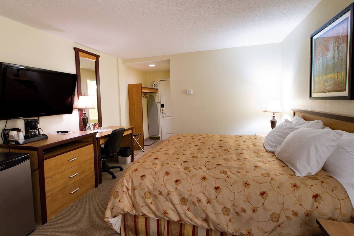Quarto de hotel com uma cama, uma escrivaninha com computador, televisão e porta de acesso a um banheiro.