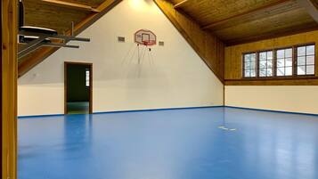 Quadra de basquete interna com teto de madeira e cesta.