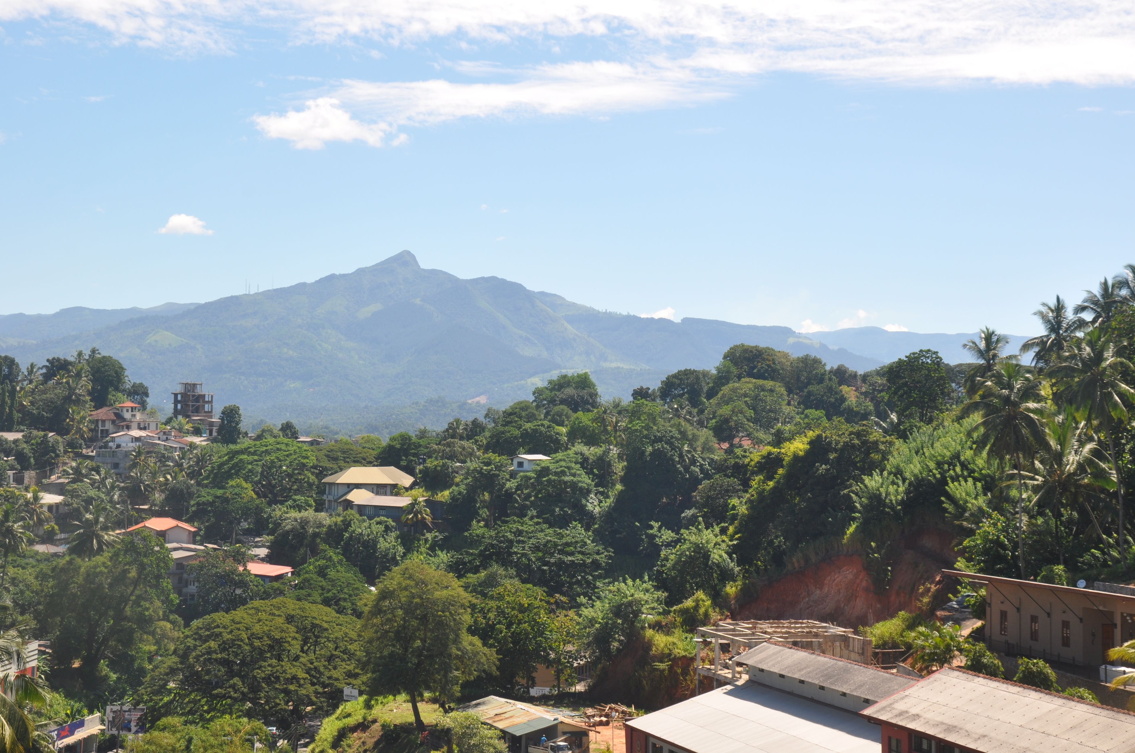 Paisagem montanhosa com uma aldeia em primeiro plano, apresentando edifícios residenciais e vegetação exuberante.