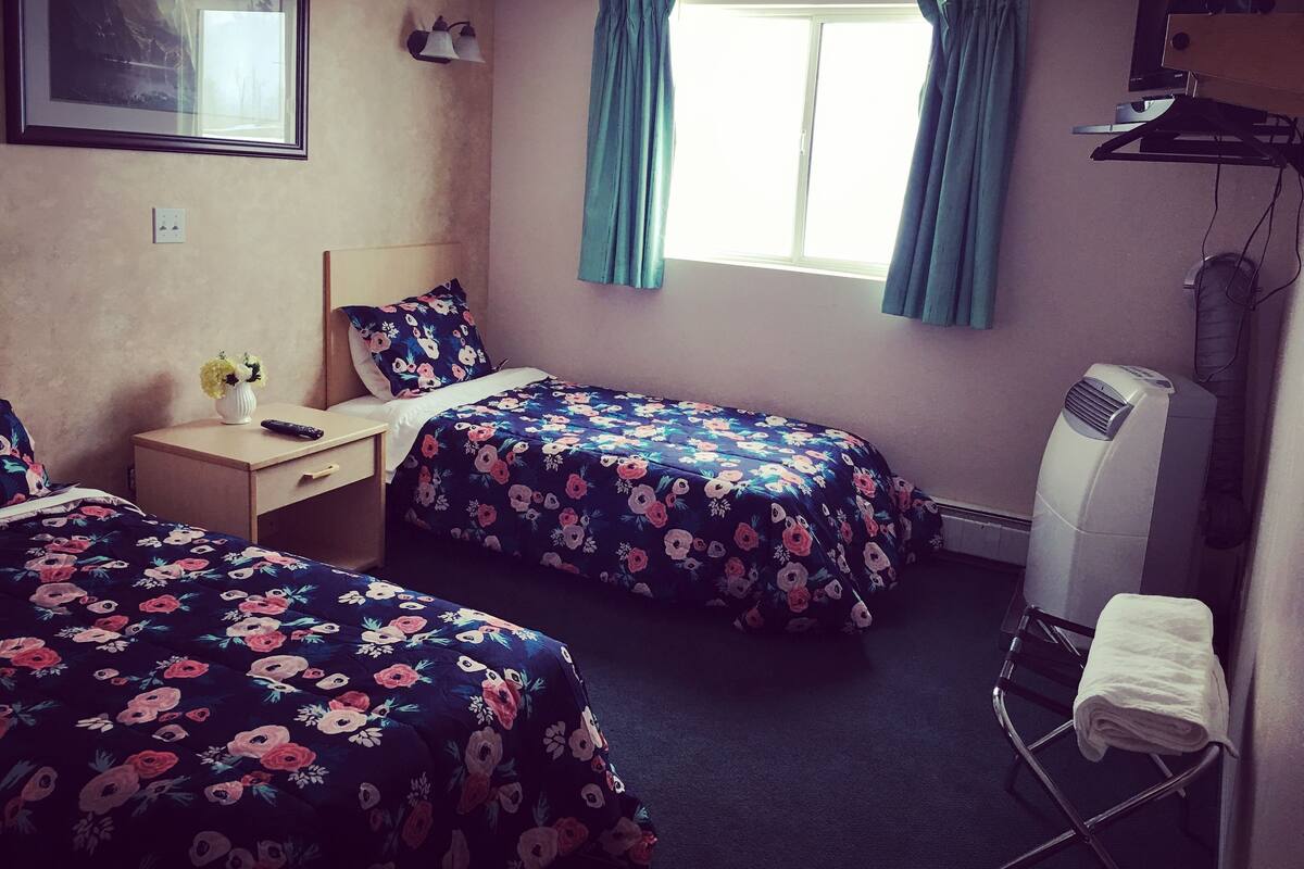 Quarto de hotel com duas camas, uma escrivaninha, uma cadeira, janela com cortinas, televisão na parede e radiador.