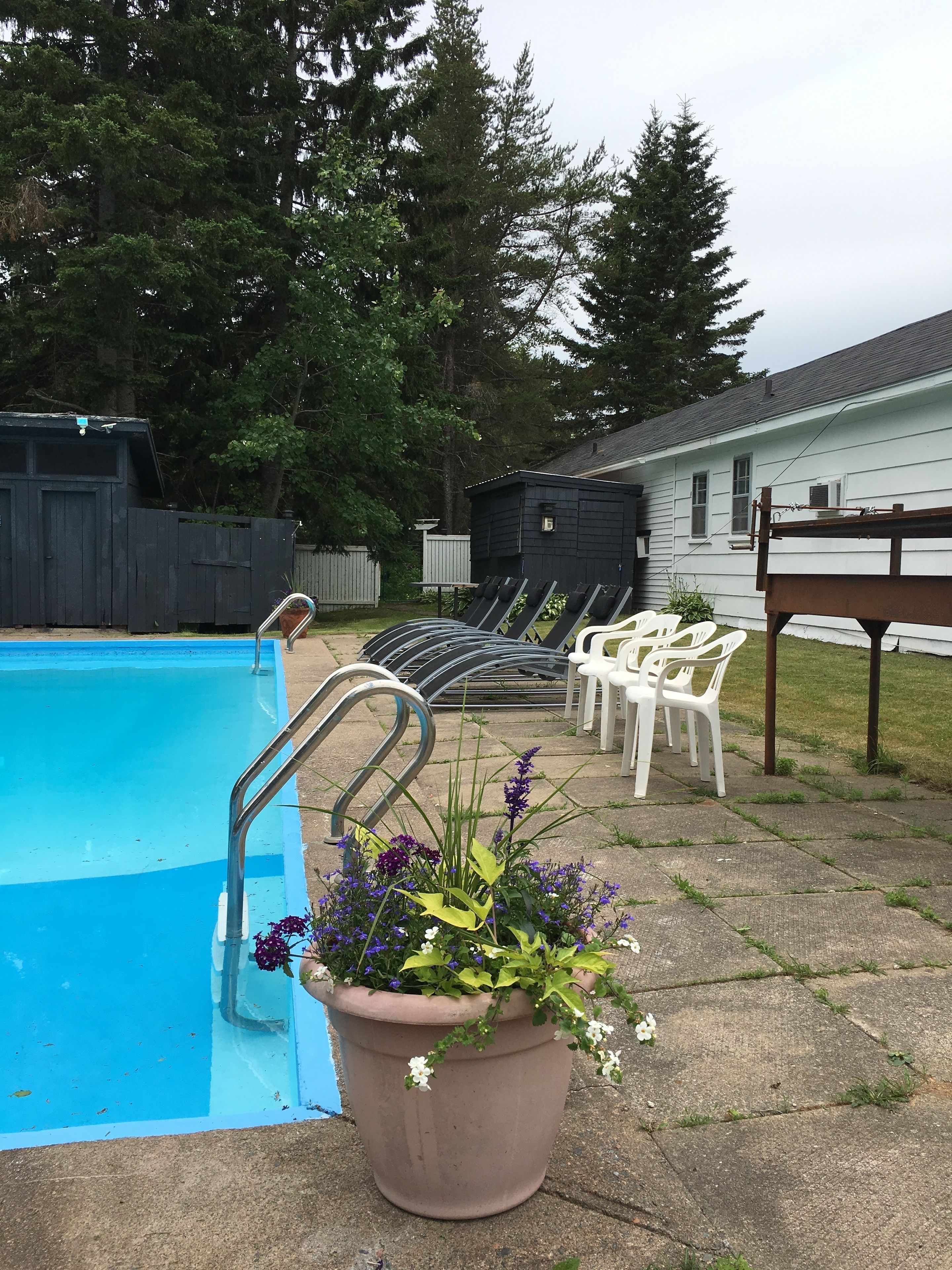 Quintal com piscina, deck de madeira e uma casa.