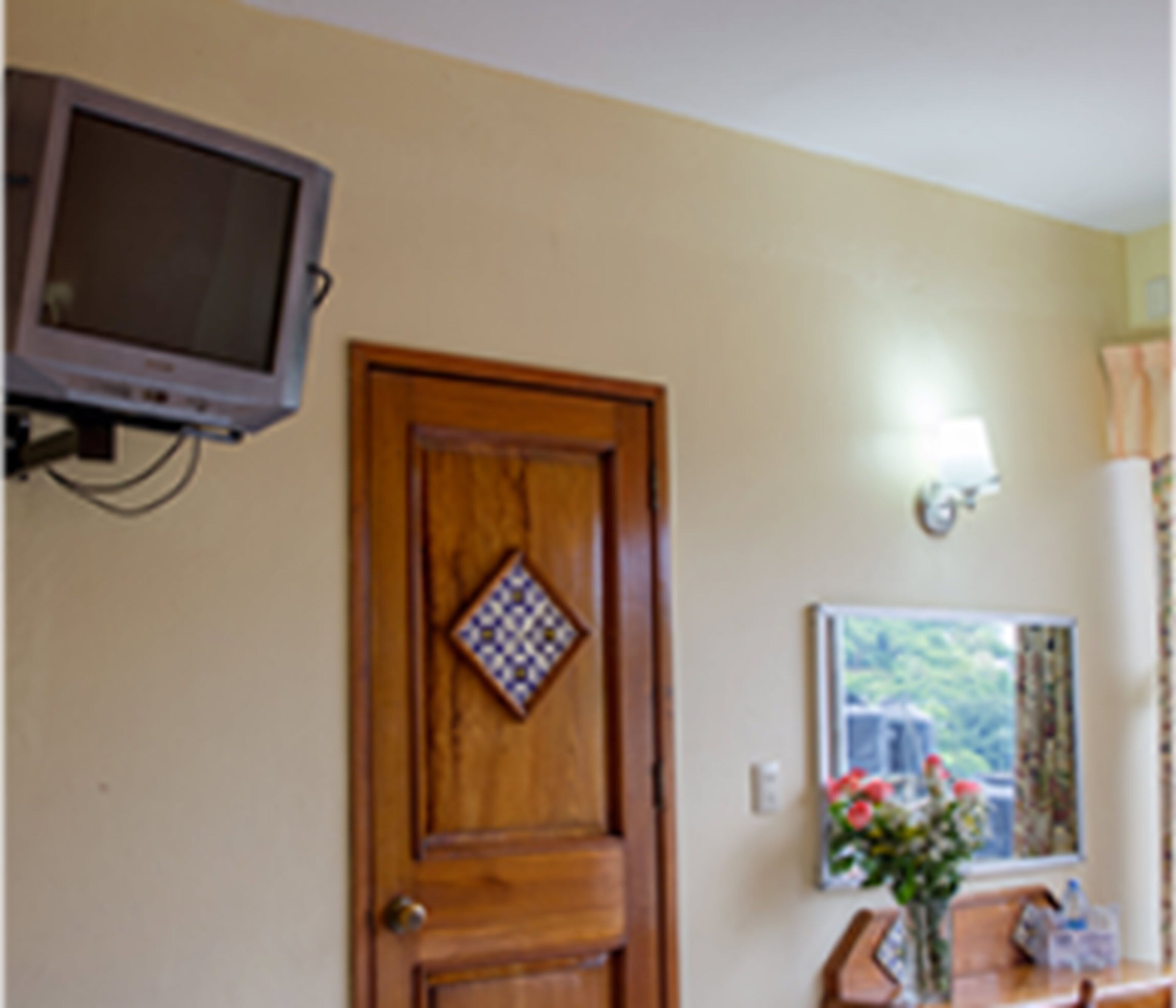 Quarto com porta de madeira, televisão fixada na parede, quadro emoldurado e vaso com flores sobre uma mesa.
