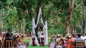Cerimônia de casamento em área arborizada, com um arco branco e convidados sentados de ambos os lados.
