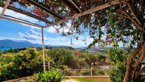 Um pátio com piso de lajes de pedra e pérgola, rodeado por vegetação exuberante e vista para colinas ao longe.