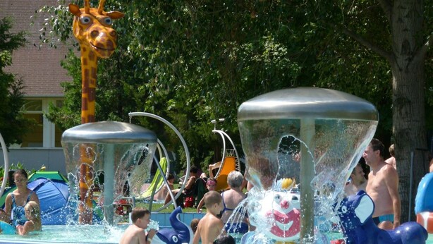 Piscina com brinquedos aquáticos, incluindo uma girafa e um golfinho.