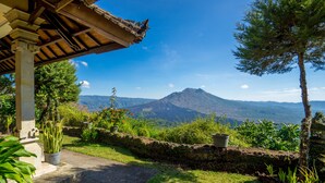 Um alpendre coberto com parede de pedra, vasos de plantas e vista para a montanha.