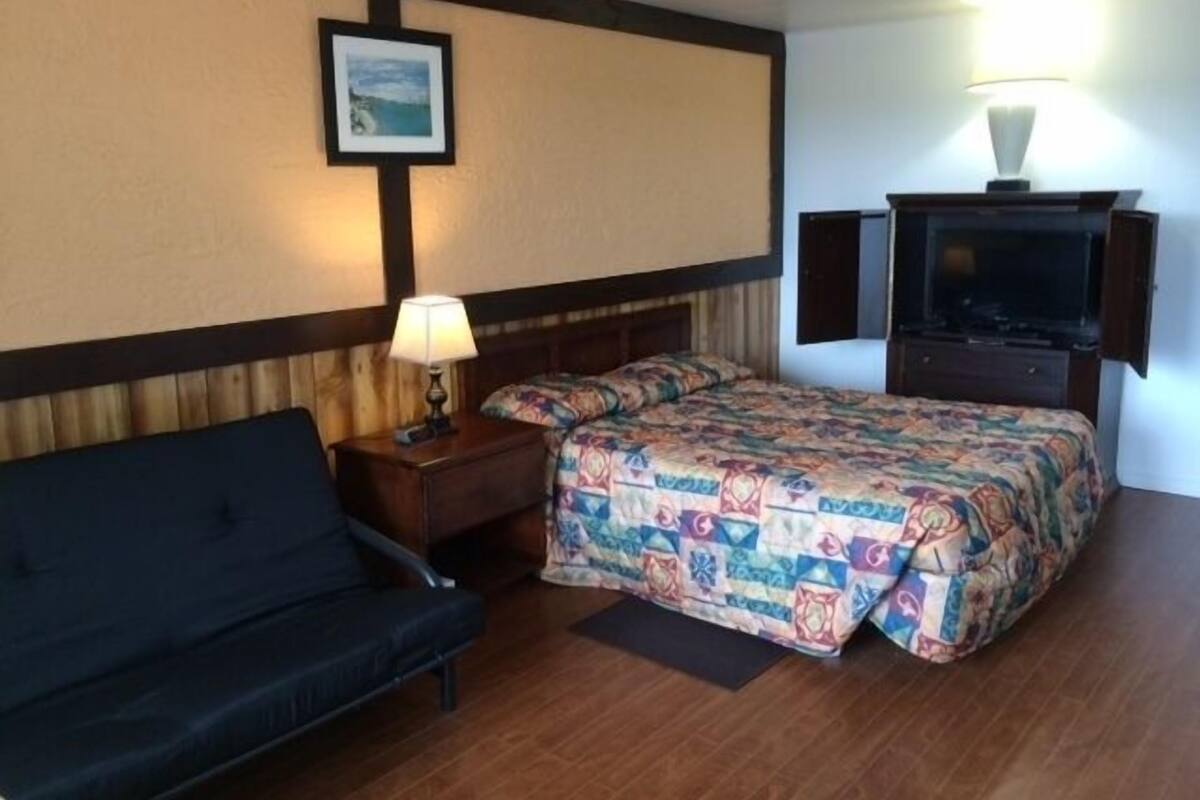 Quarto de hotel com cama, sofá, televisão e um quadro na parede.