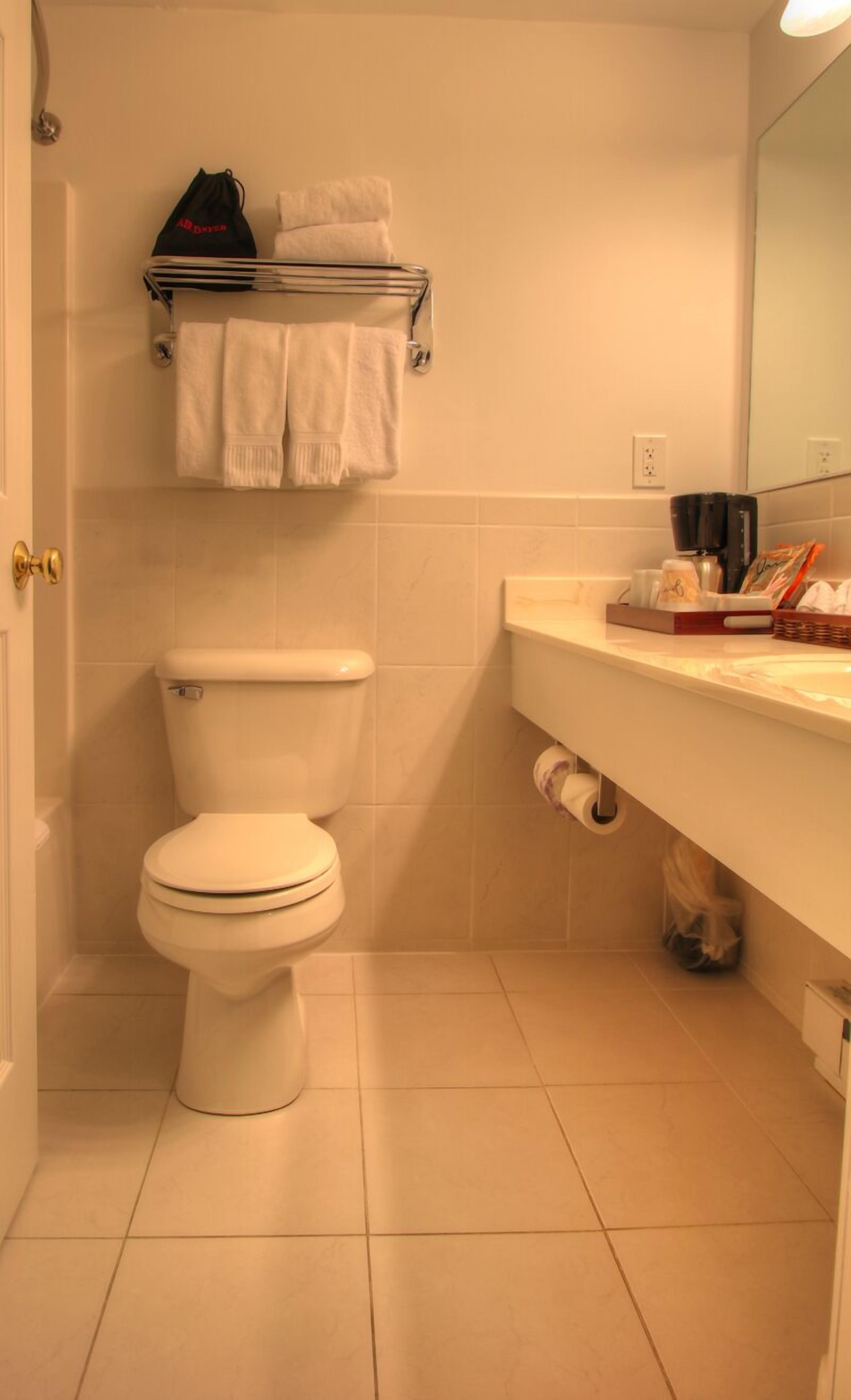 Casa de banho com sanita, toalheiro com toalhas, máquina de café e artigos de higiene pessoal no balcão.