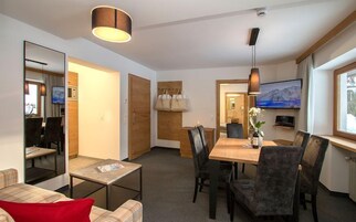 Apartamento luxo, 2 quartos, sacada, vista para a montanha (Alpenheimat) | Sala de estar | TV de tela plana 37 polegadas com canais via satélite, TV, DVD player