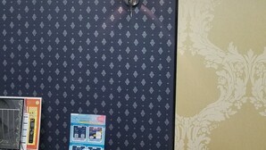 Uma receção com papel de parede estampado, um candeeiro fixo na parede e um balcão com um telefone, um comando e o símbolo de Wi-Fi.