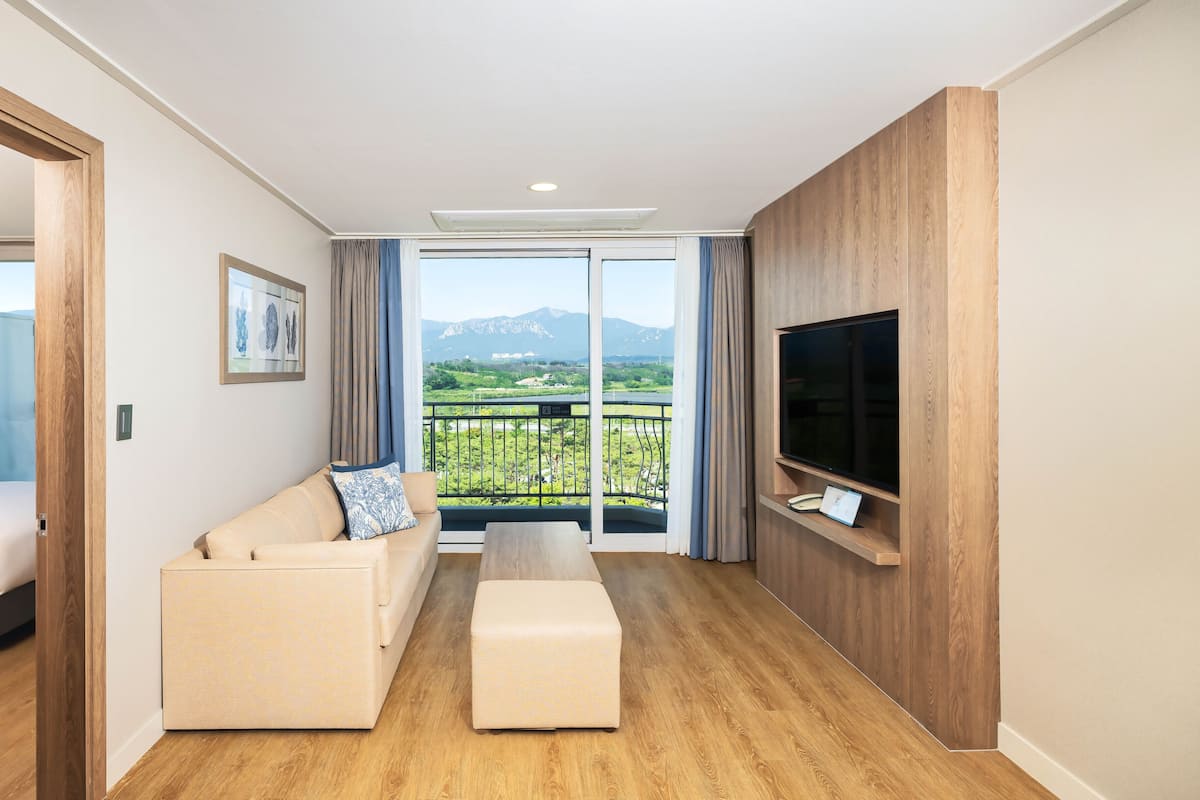 Quarto de hotel com uma janela grande, um sofá, uma televisão e piso de madeira.