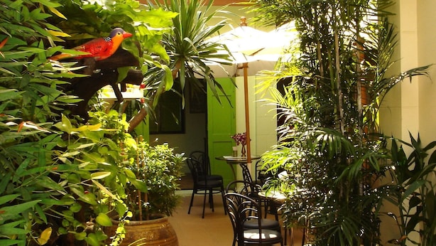 Pátio iluminado pelo sol, com mesa e cadeiras, rodeado por plantas em vasos e uma estátua decorativa de um pássaro.