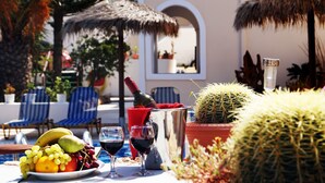 Uma mesa com frutas, copos de vinho e uma garrafa de vinho, disposta ao ar livre com cadeiras de descanso e um guarda-sol de palha.