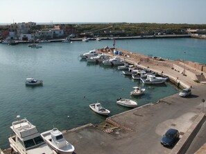 Uma marina com vários barcos atracados, um cais e vista dos edifícios ao redor.