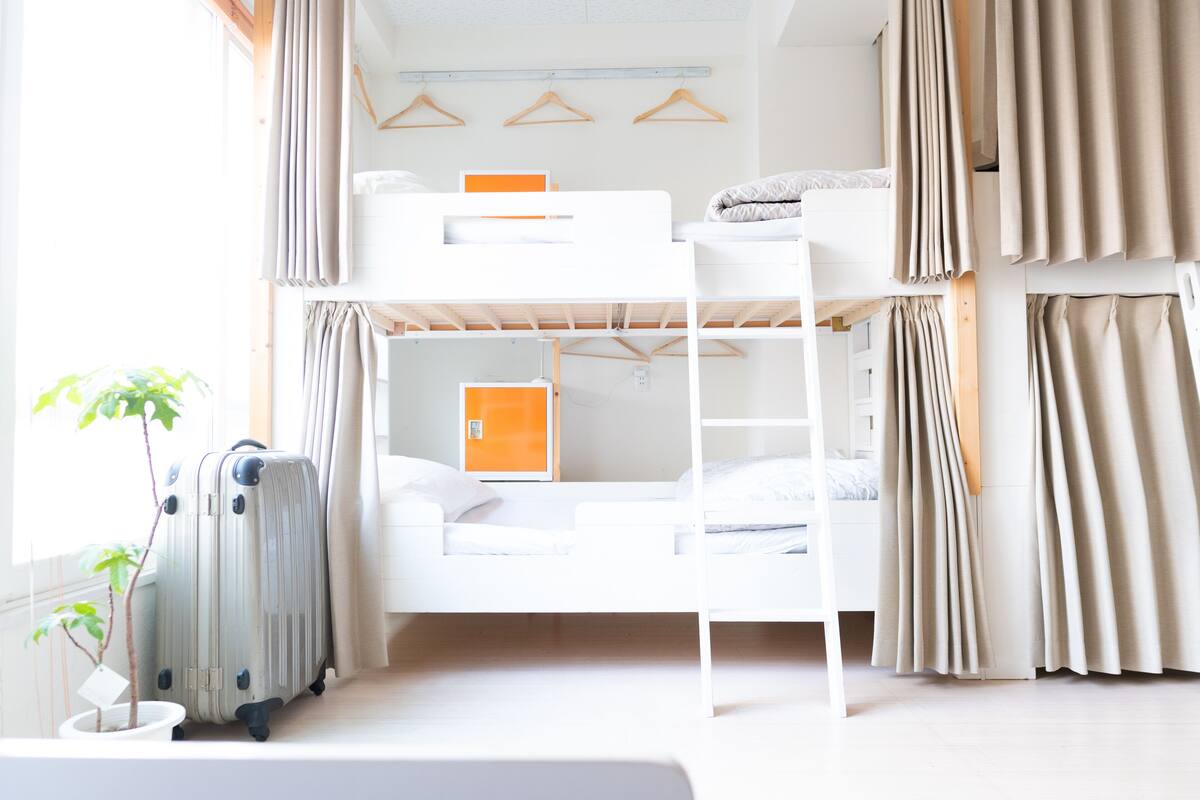 Quarto com beliche, mala e planta em vaso.