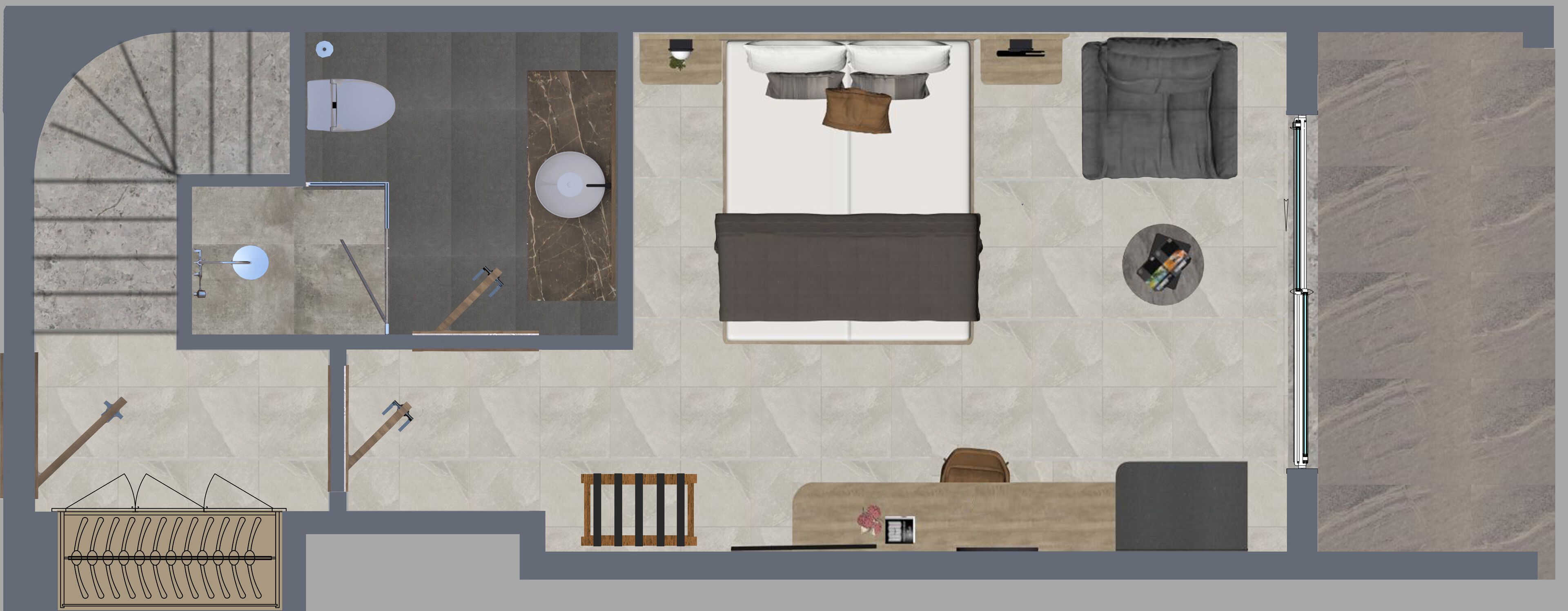 Vista aérea de um quarto de hotel com uma cama, duas mesas de cabeceira, um pequeno sofá, uma cadeira, uma escrivaninha, um guarda-roupa e um banheiro com vaso sanitário e pia.