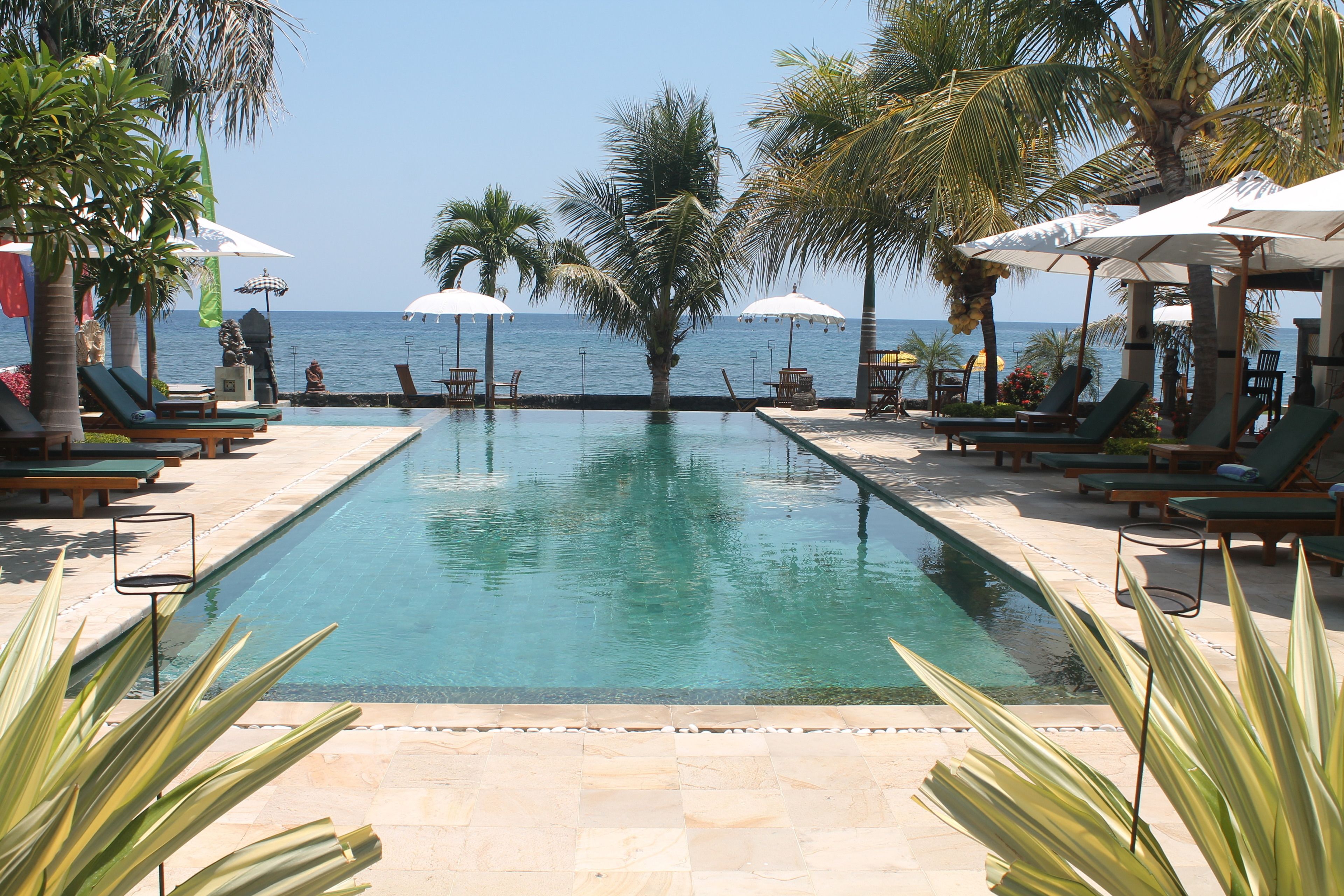 Piscina com espreguiçadeiras e guarda-sóis, palmeiras e vista para o mar.