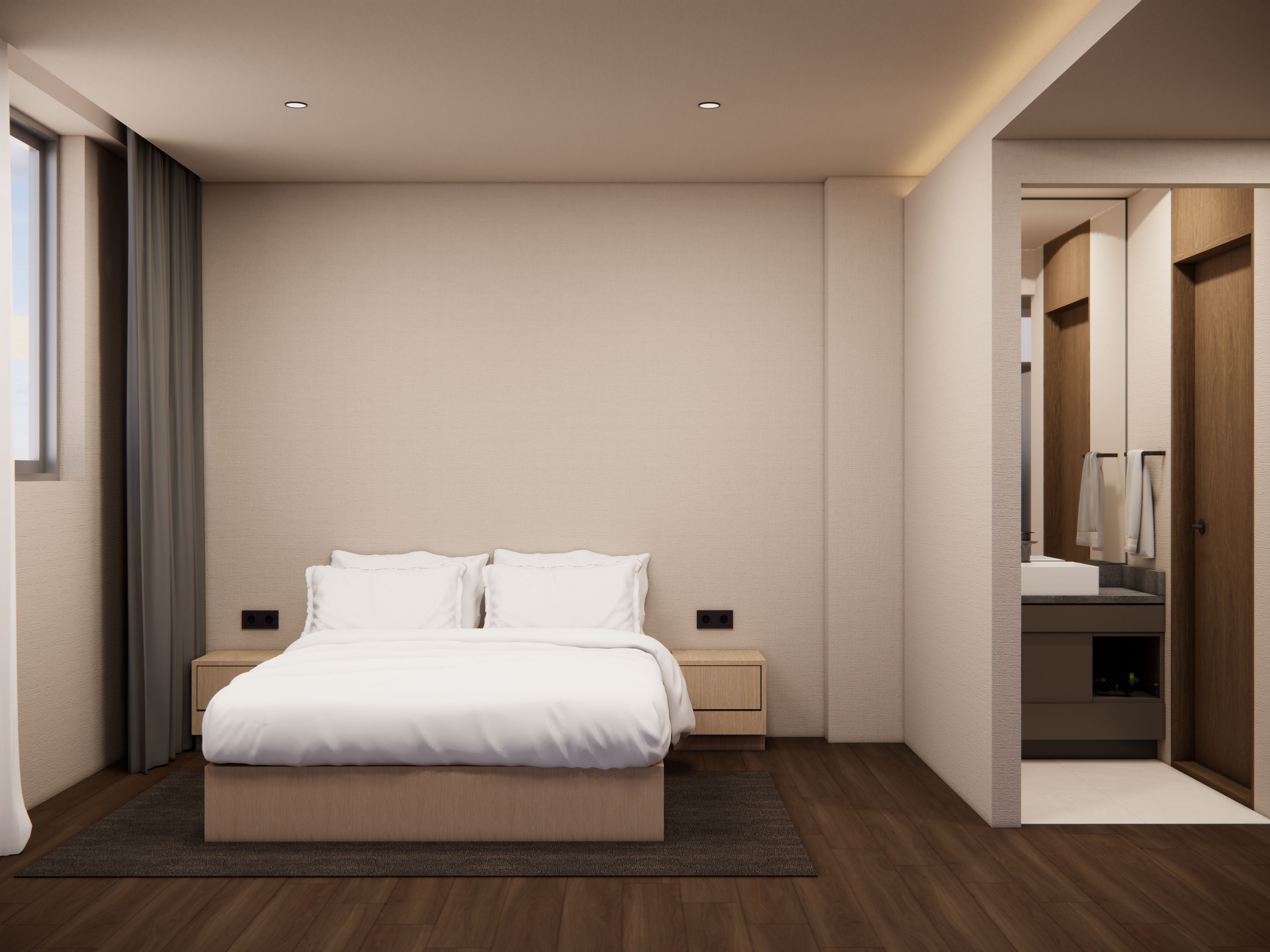 Quarto moderno com cama grande, mesas de cabeceira, armário embutido e banheiro visível por uma porta aberta.