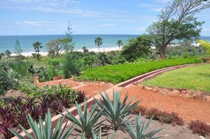 Um jardim ajardinado com diversas plantas e um caminho que leva a uma praia.